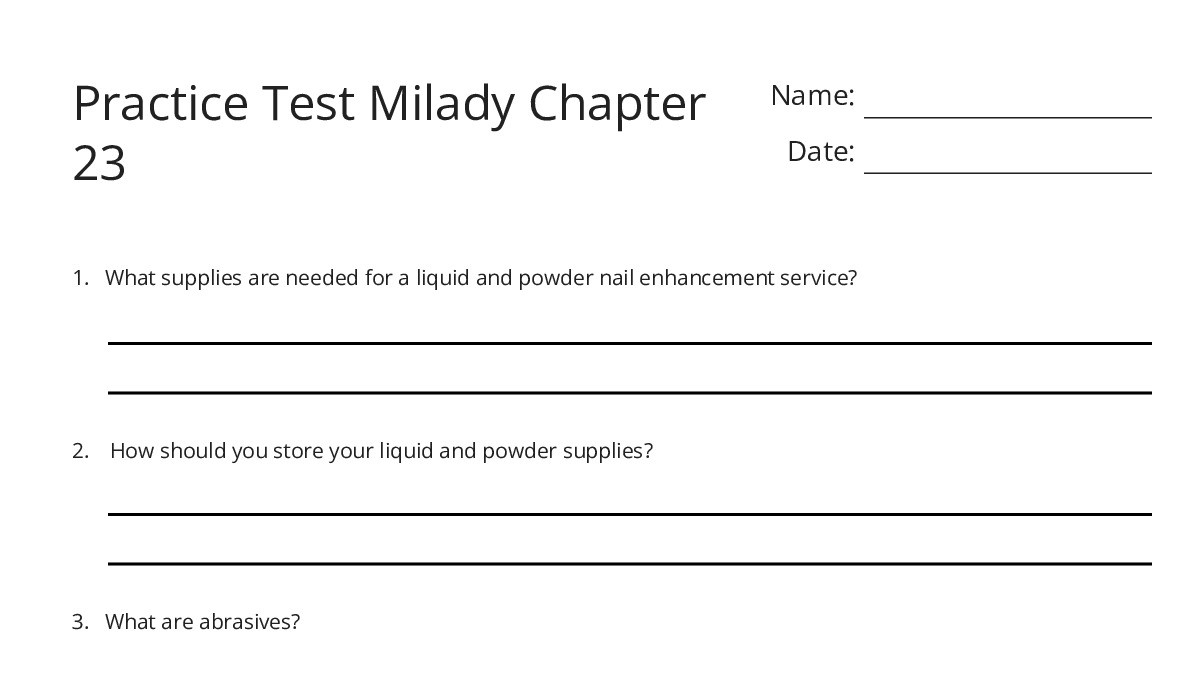 Practice Test Milady Chapter 23 - My Worksheet Maker: Create Your Own ...