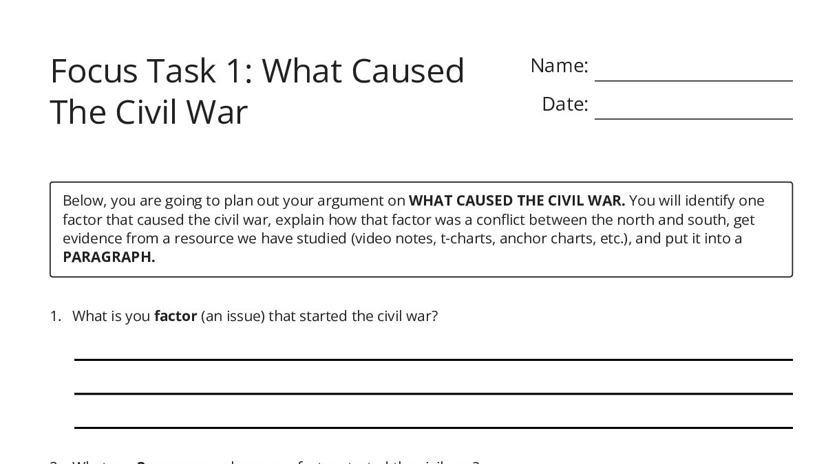 Focus Task 1: What Caused The Civil War - My Worksheet Maker: Create ...