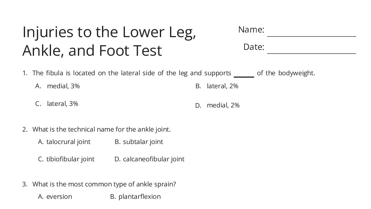 Injuries to the Lower Leg, Ankle, and Foot Test - My Worksheet Maker ...