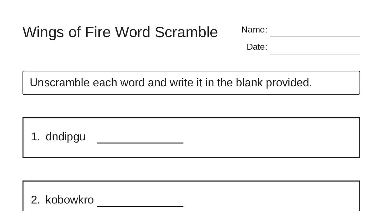 Wings of Fire Word Scramble - My Worksheet Maker: Create Your Own ...