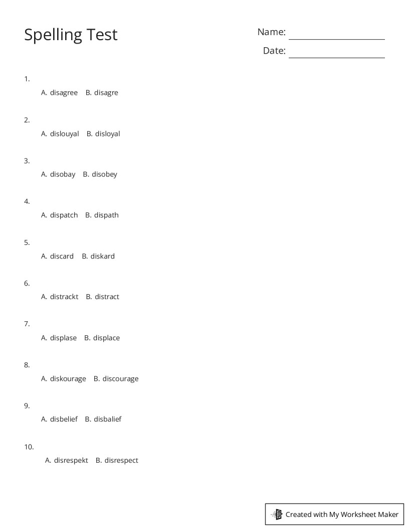 Spelling Test - My Worksheet Maker: Create Your Own Worksheets