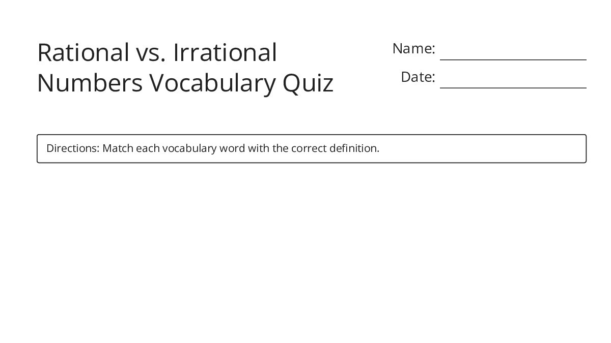Rational vs. Irrational Numbers Vocabulary Quiz - My Worksheet Maker ...