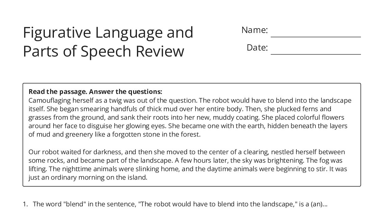 Figurative Language and Parts of Speech Review - My Worksheet Maker ...