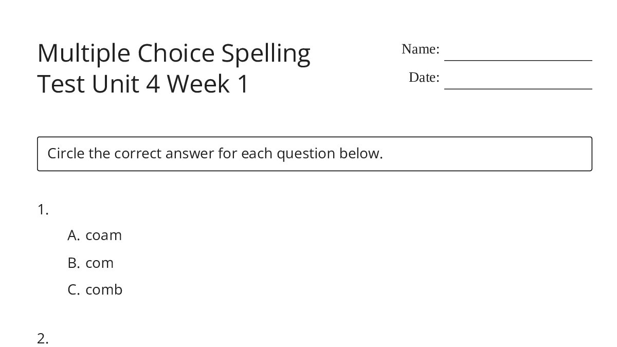 Multiple Choice Spelling Test Unit 4 Week 1 - My Worksheet Maker ...