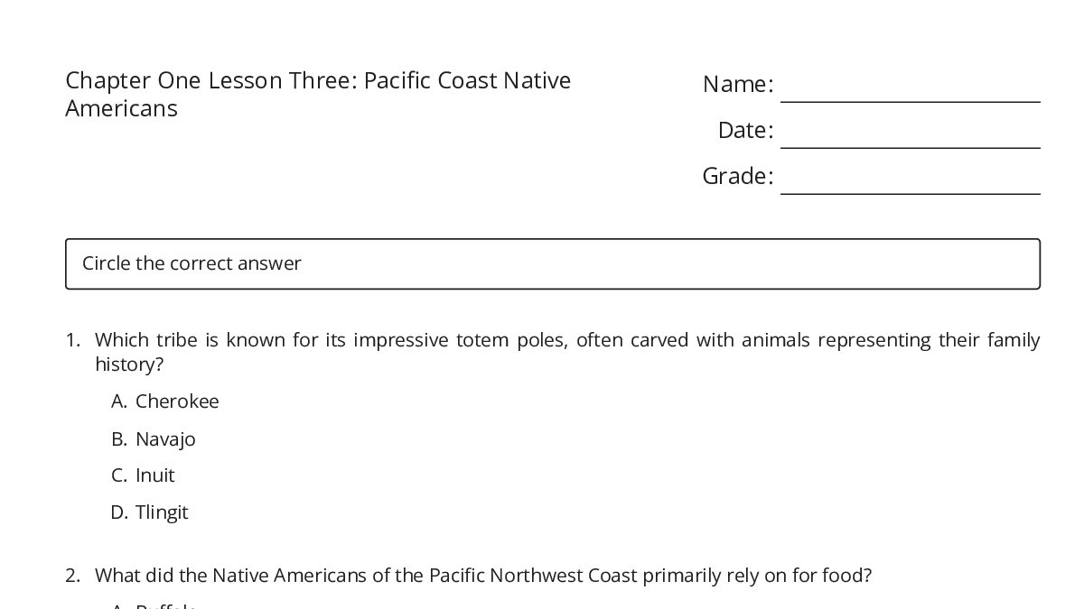 Chapter One Lesson Three: Pacific Coast Native Americans - My Worksheet ...
