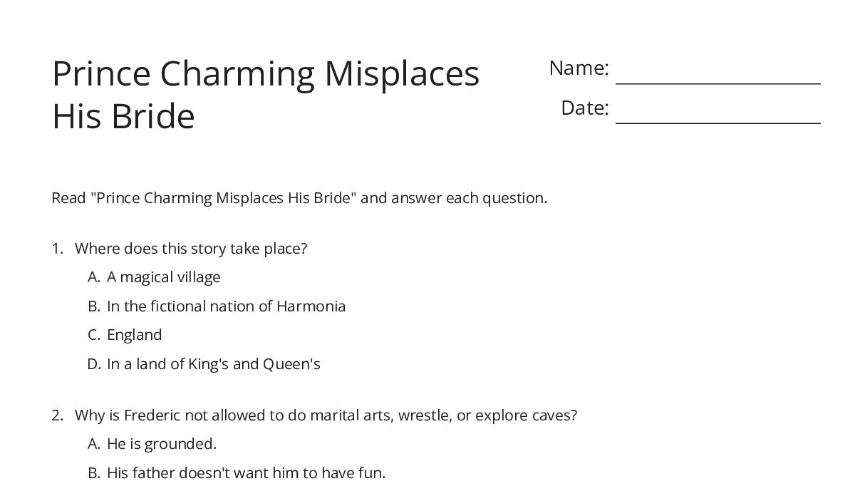 Prince Charming Misplaces His Bride - My Worksheet Maker: Create Your ...
