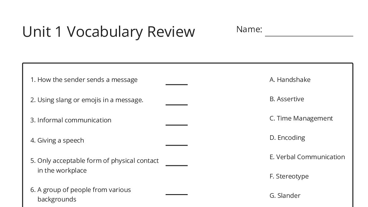 Unit 1 Vocabulary Review - My Worksheet Maker: Create Your Own Worksheets