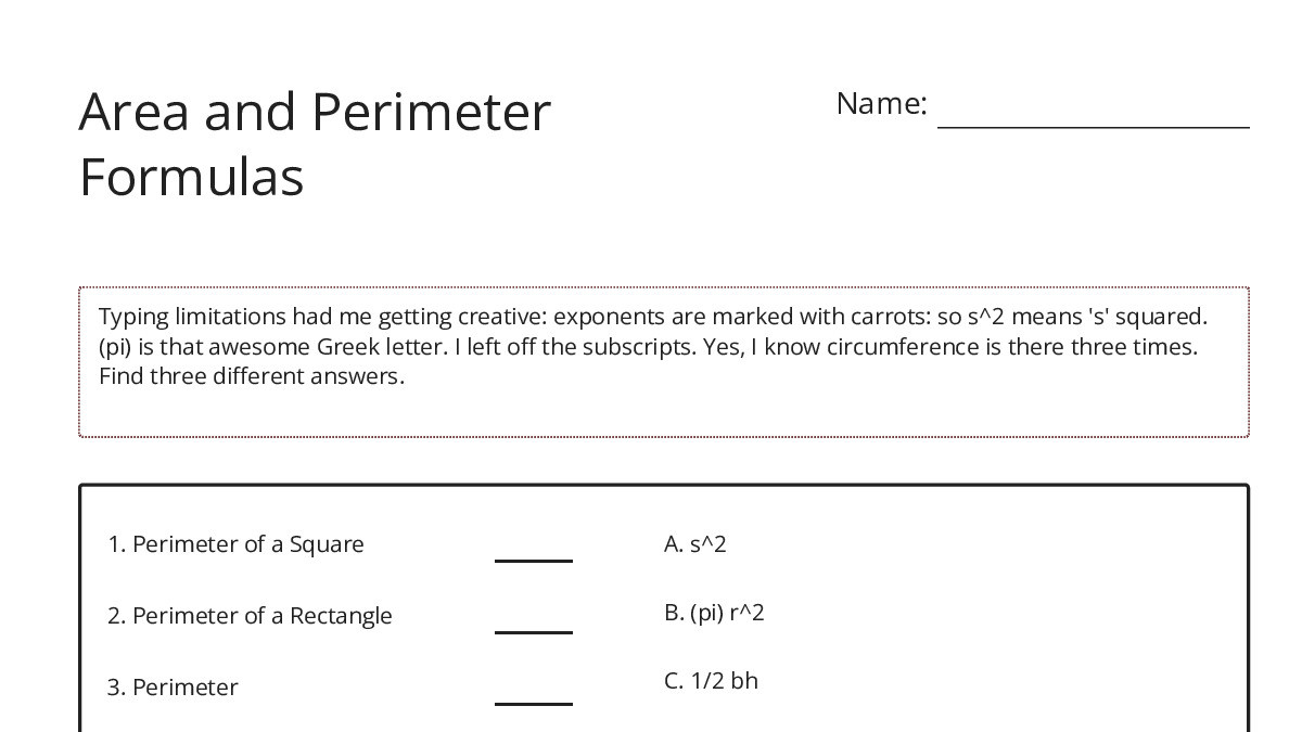 Area and Perimeter Formulas - My Worksheet Maker: Create Your Own ...