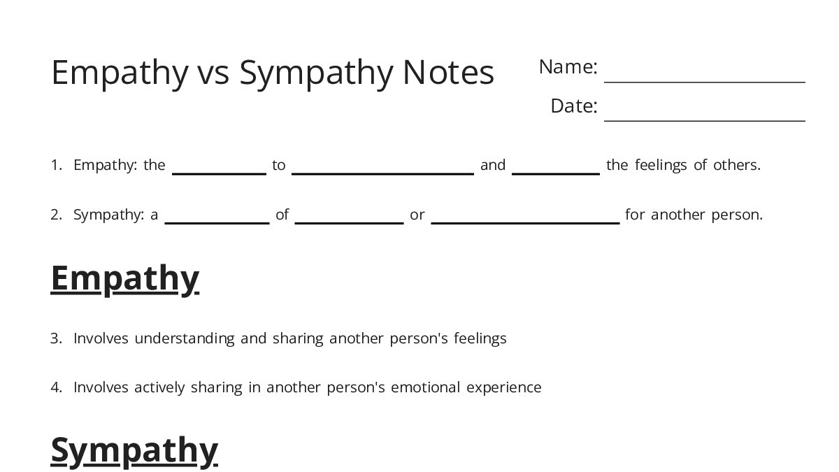 Empathy vs Sympathy Notes - My Worksheet Maker: Create Your Own Worksheets