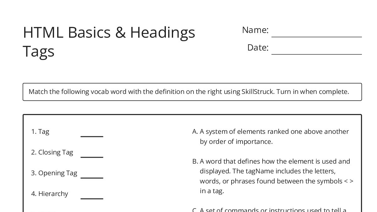 HTML Basics & Headings Tags - My Worksheet Maker: Create Your Own ...