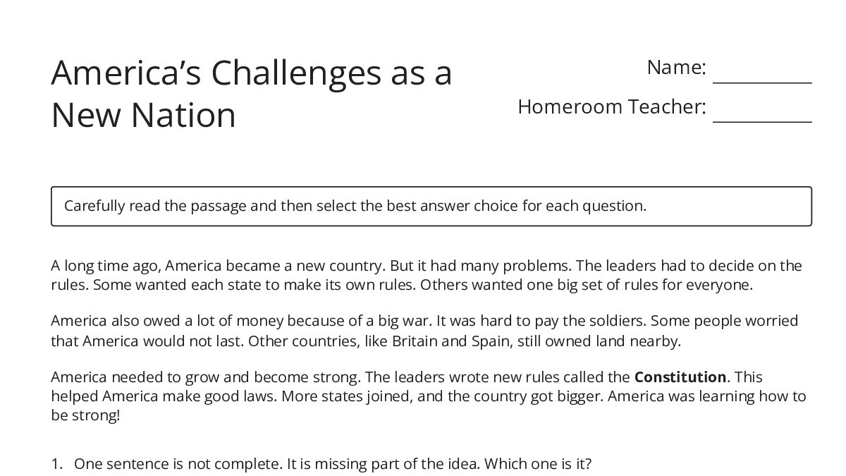 America’s Challenges as a New Nation - My Worksheet Maker: Create Your ...