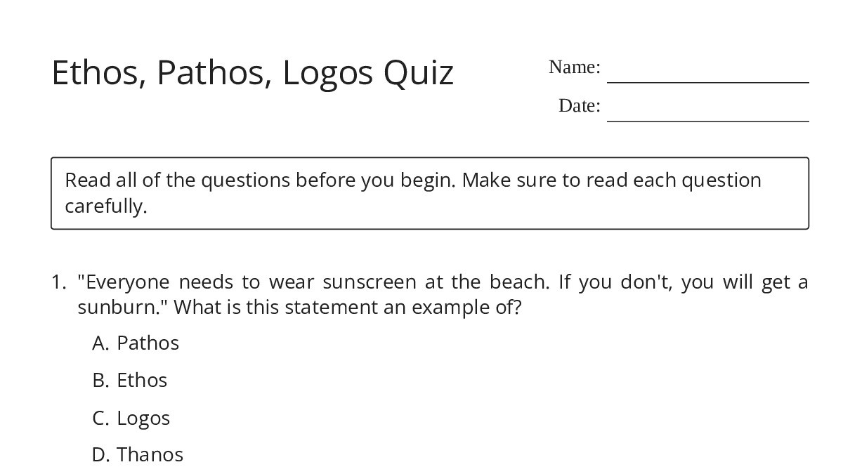 Ethos, Pathos, Logos Quiz - My Worksheet Maker: Create Your Own Worksheets