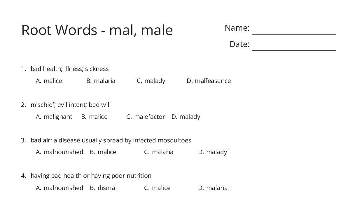 Root Words - mal, male - My Worksheet Maker: Create Your Own Worksheets
