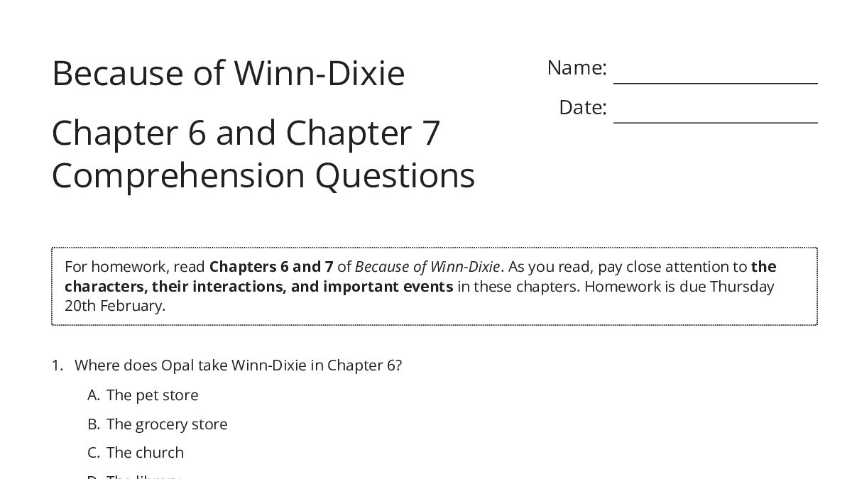 Because of Winn-Dixie Chapter 6 and Chapter 7 Comprehension Questions ...
