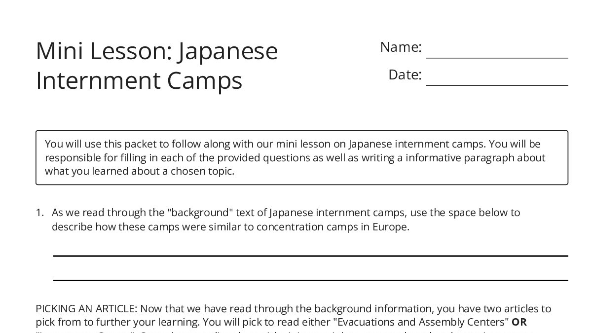 Mini Lesson: Japanese Internment Camps - My Worksheet Maker: Create ...