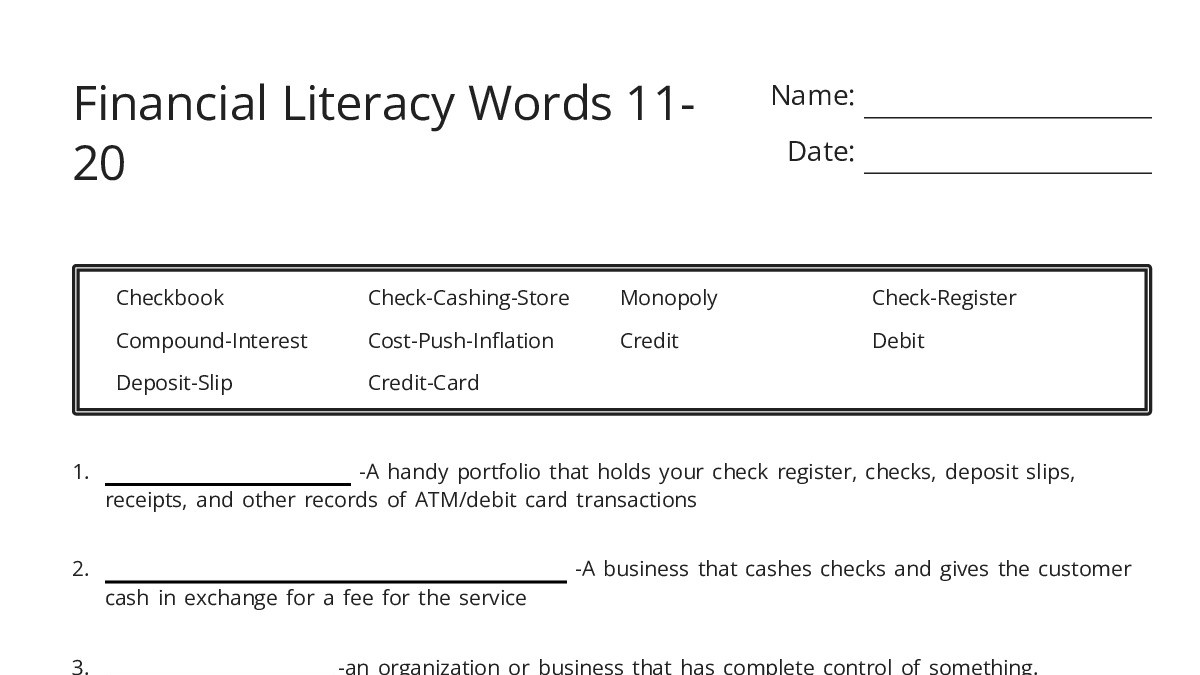 Financial Literacy Words 11-20 - My Worksheet Maker: Create Your Own ...