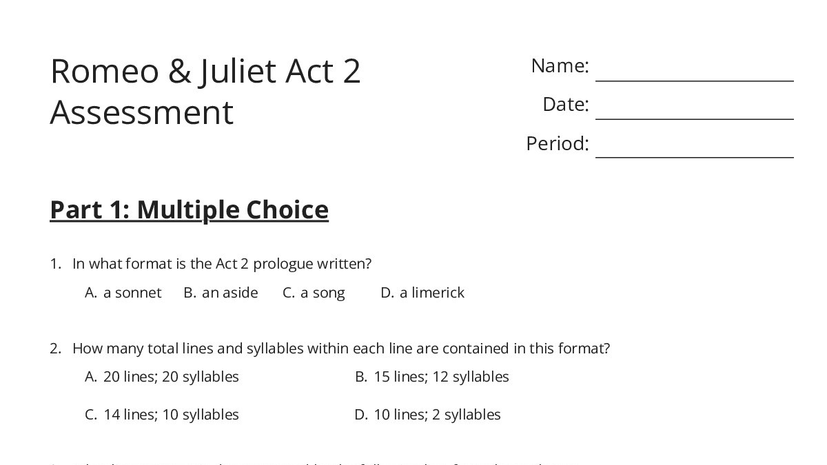 Romeo & Juliet Act 2 Assessment - My Worksheet Maker: Create Your Own ...