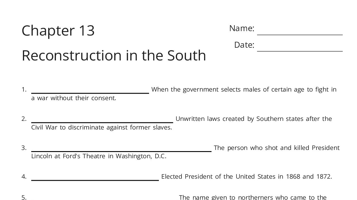 Chapter 13 Reconstruction in the South - My Worksheet Maker: Create ...