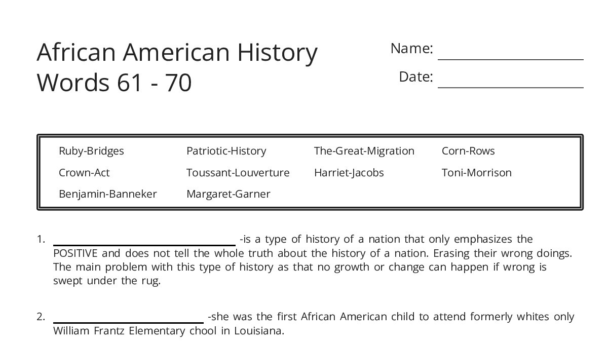 African American History Words 61 - 70 - My Worksheet Maker: Create ...