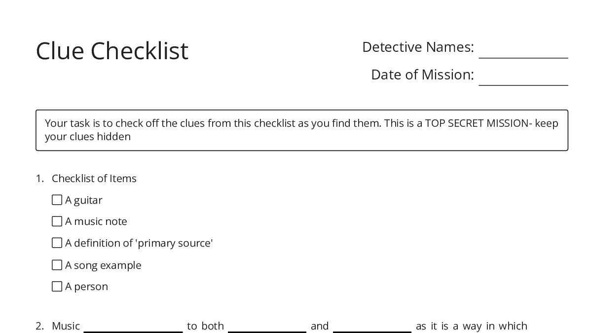 Clue Checklist - My Worksheet Maker: Create Your Own Worksheets