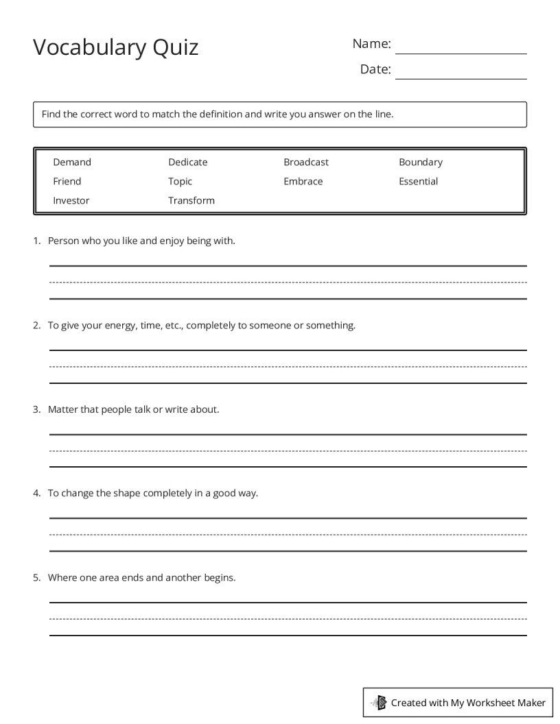 Vocabulary Quiz - My Worksheet Maker: Create Your Own Worksheets