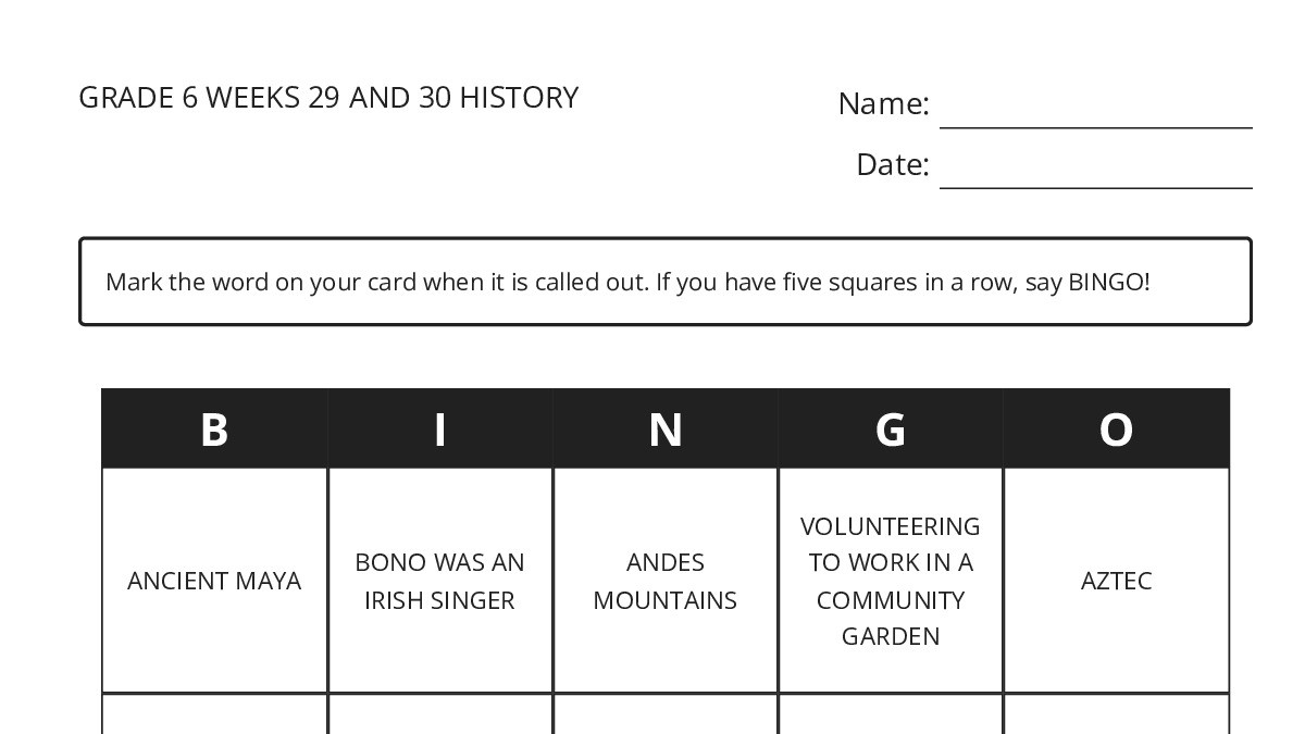 GRADE 6 WEEKS 29 AND 30 HISTORY - My Bingo Maker: Create Your Own Bingo ...