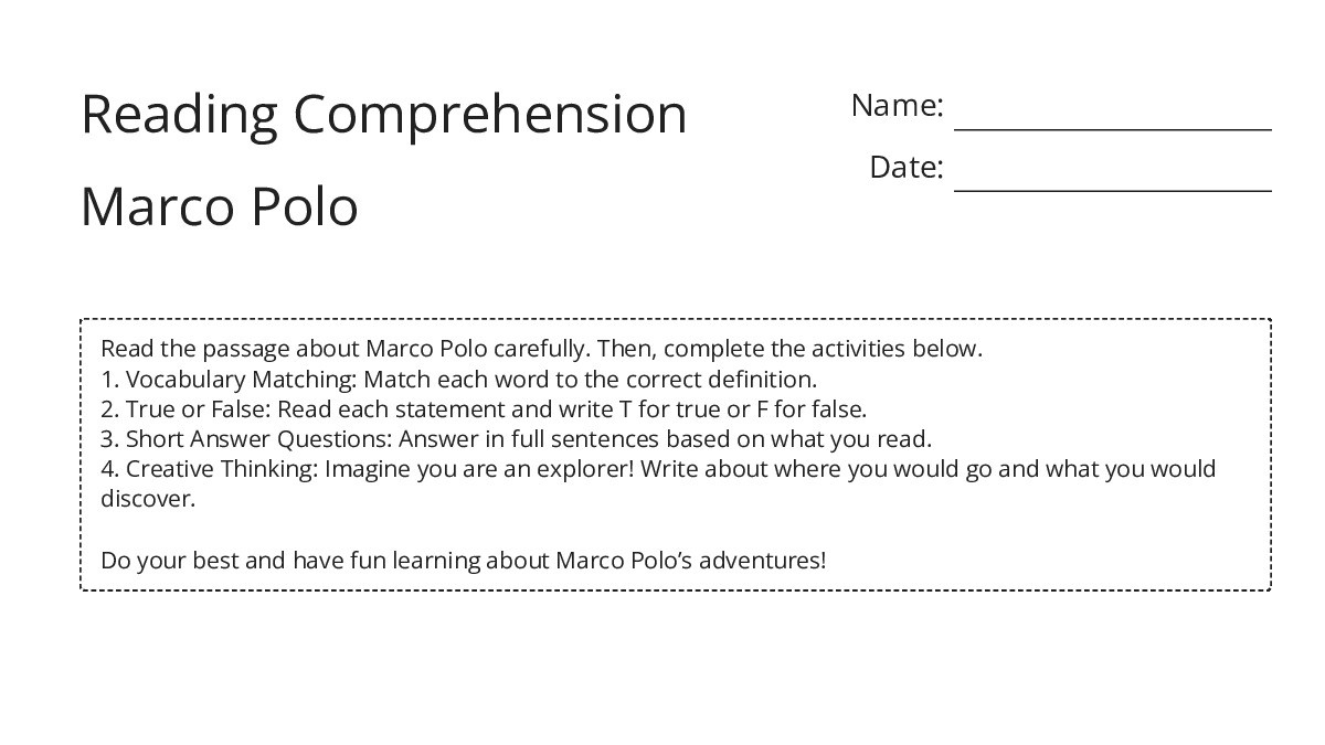 Reading Comprehension Marco Polo - My Worksheet Maker: Create Your Own ...