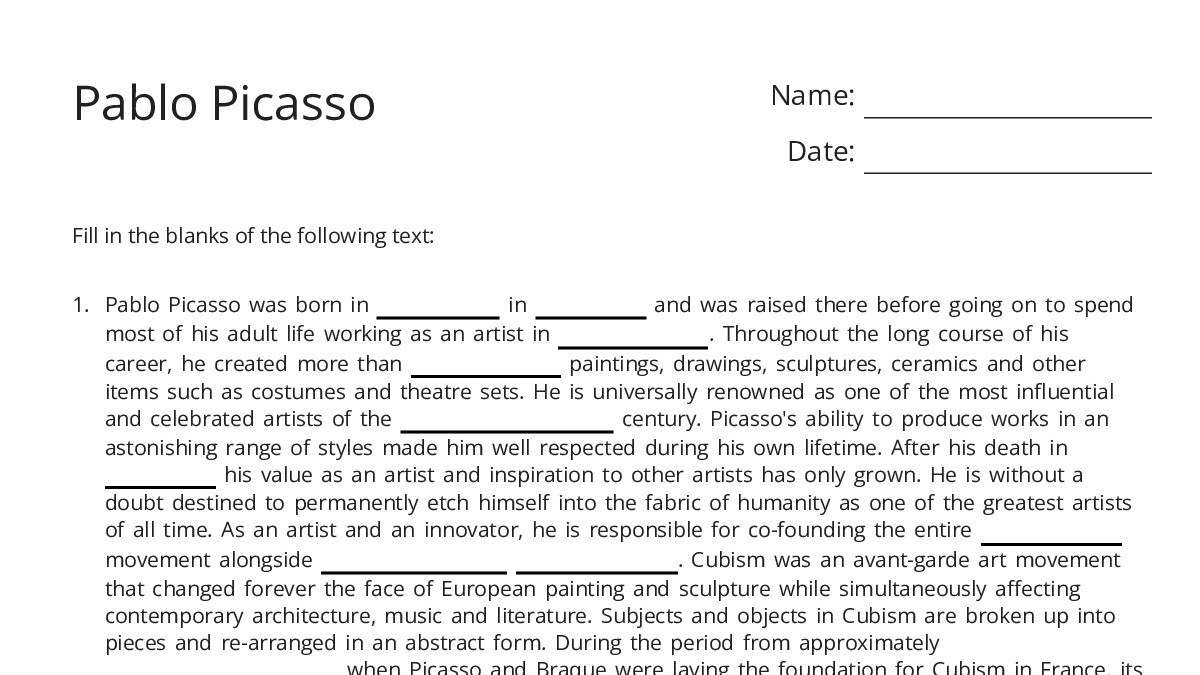 Pablo Picasso - My Worksheet Maker: Create Your Own Worksheets
