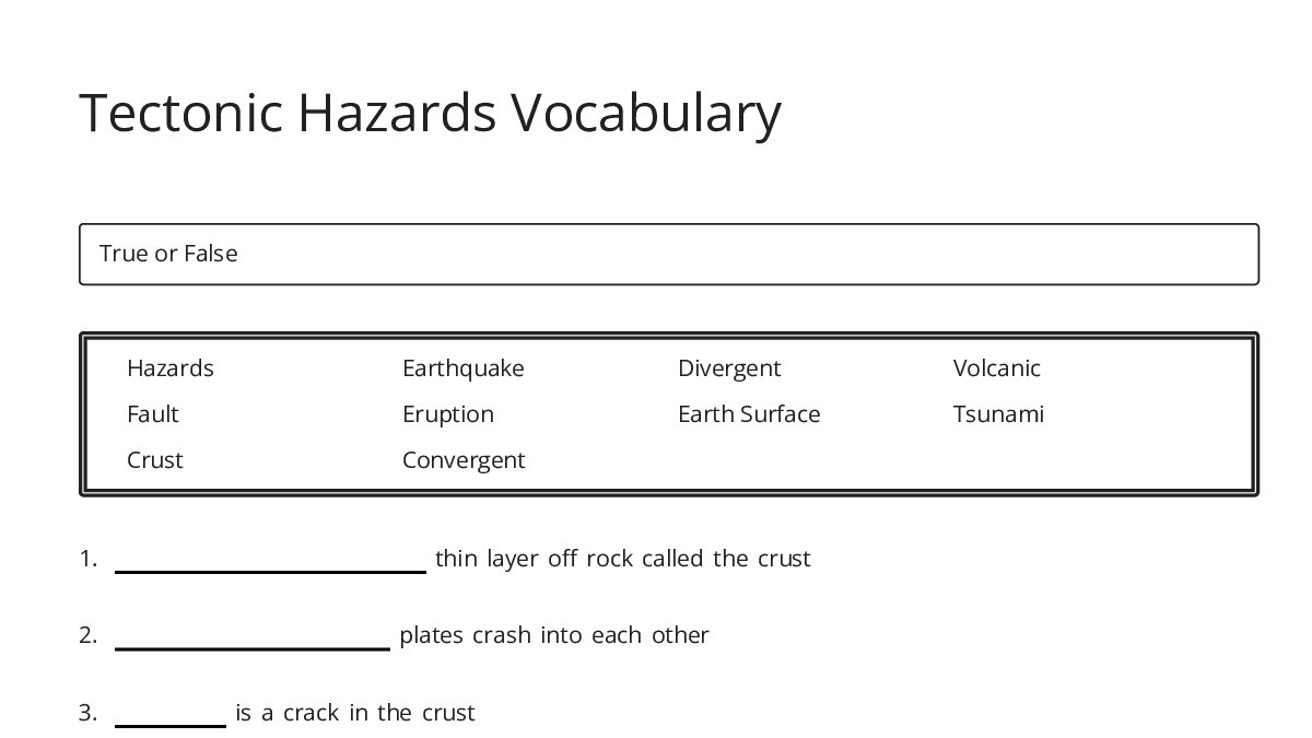 Tectonic Hazards Vocabulary - My Worksheet Maker: Create Your Own ...