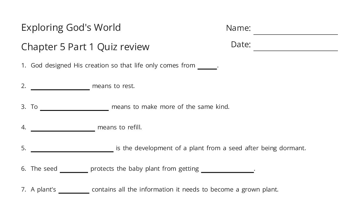 Exploring God's World Chapter 5 Part 1 Quiz review - My Worksheet Maker ...