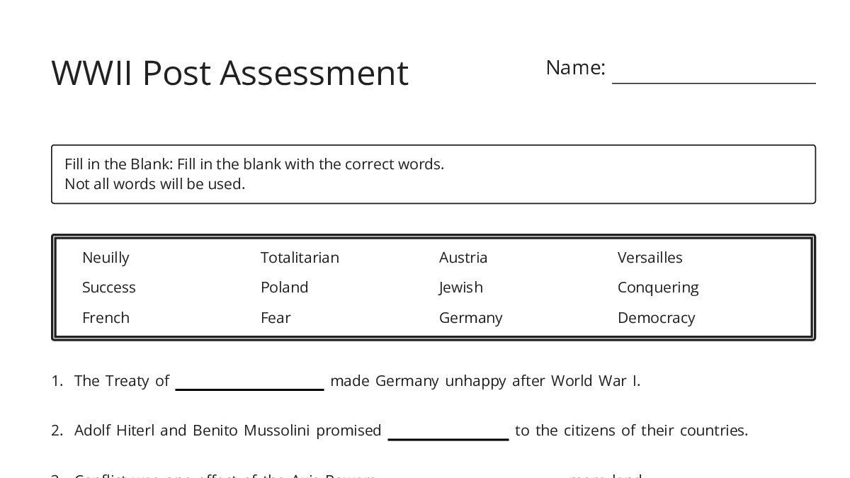 WWII Post Assessment - My Worksheet Maker: Create Your Own Worksheets