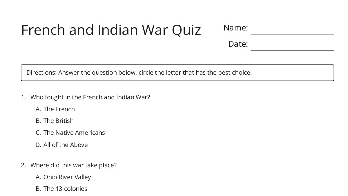 French and Indian War Quiz - My Worksheet Maker: Create Your Own Worksheets