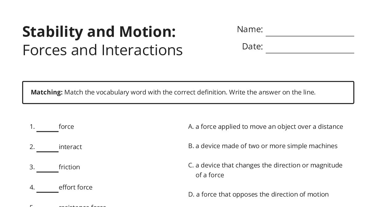 Stability and Motion: Forces and Interactions - My Worksheet Maker ...