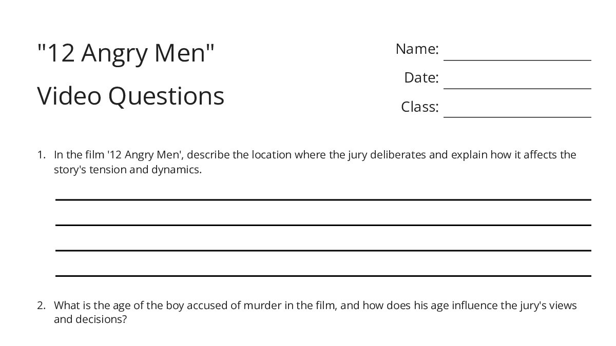 "12 Angry Men" Video Questions - My Worksheet Maker: Create Your Own ...