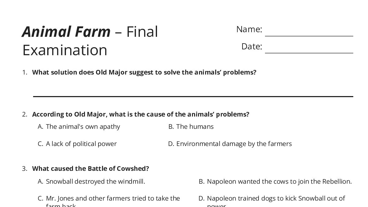 Animal Farm – Final Examination - My Worksheet Maker: Create Your Own ...