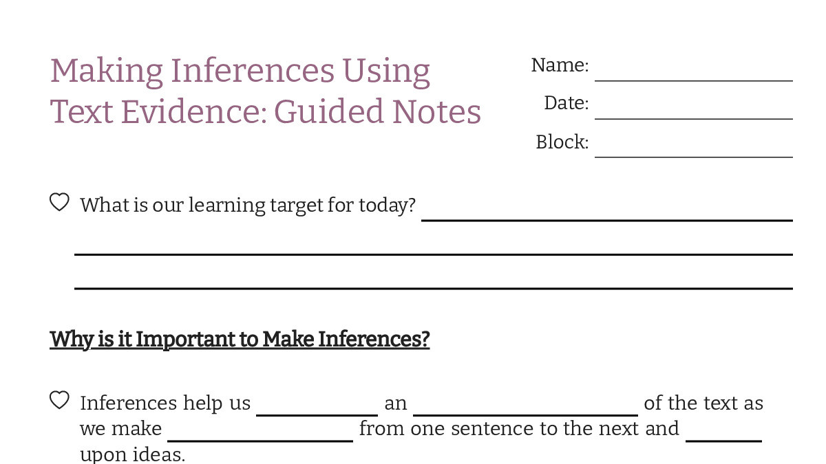 Making Inferences Using Text Evidence: Guided Notes - My Worksheet ...