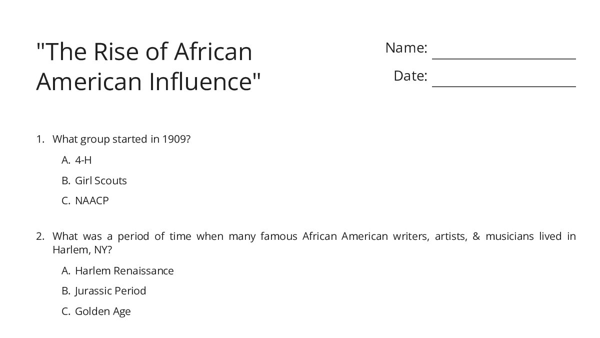 "The Rise of African American Influence" - My Worksheet Maker: Create ...