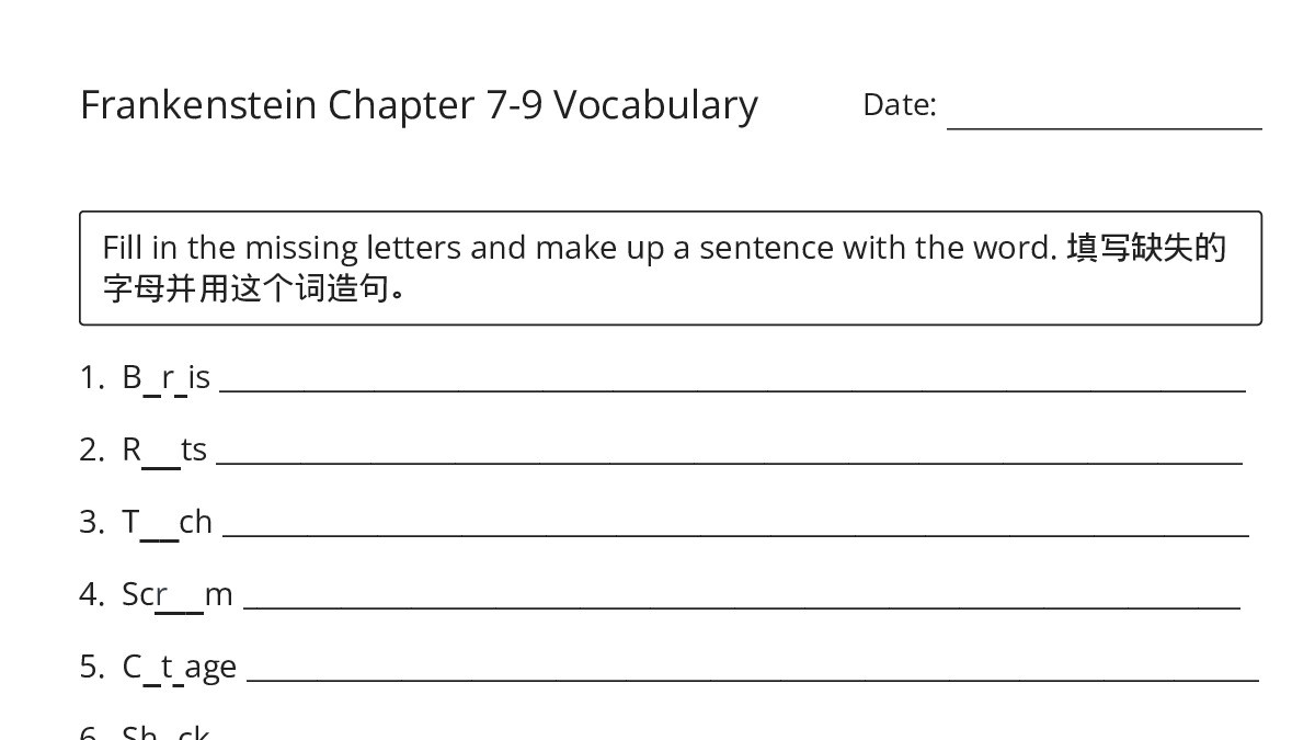 Frankenstein Chapter 7-9 Vocabulary - My Worksheet Maker: Create Your ...