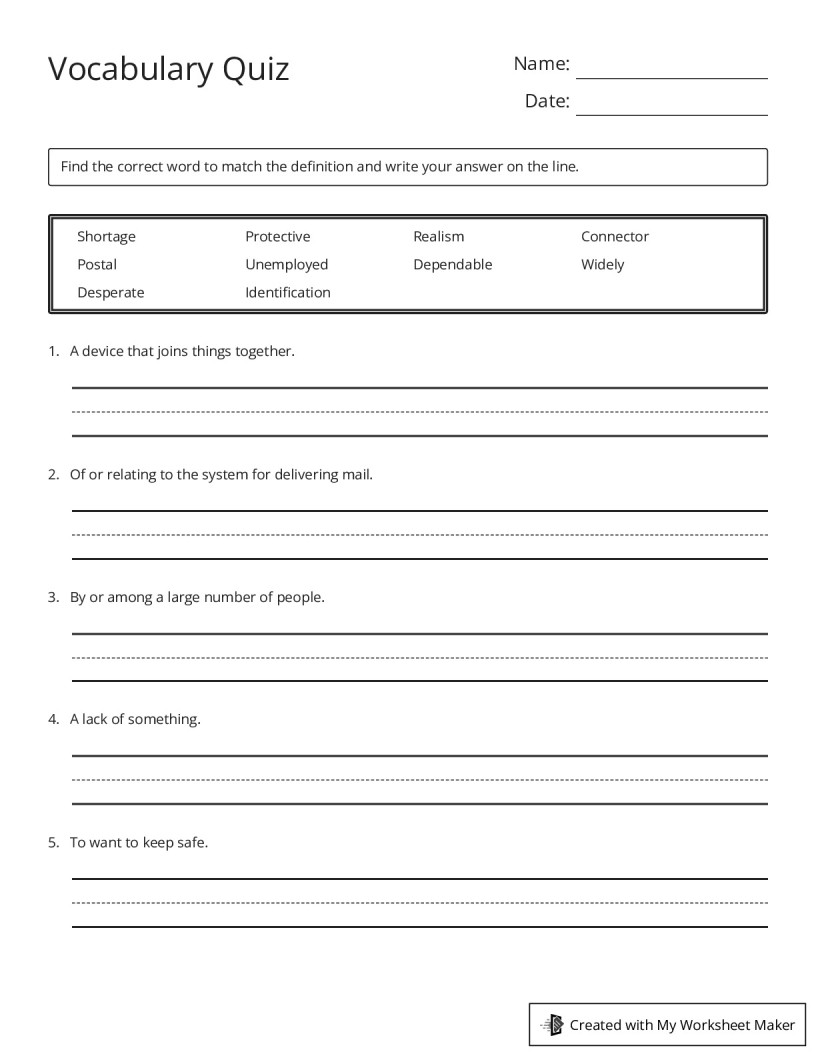 Vocabulary Quiz - My Worksheet Maker: Create Your Own Worksheets