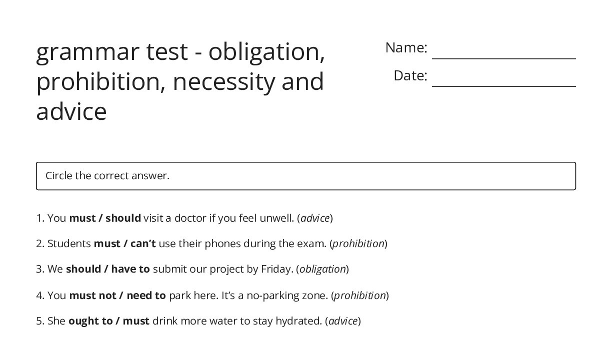 grammar test - obligation, prohibition, necessity and advice - My ...