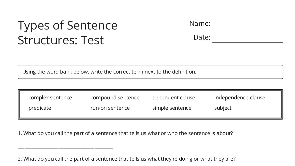 Types of Sentence Structures: Test - My Worksheet Maker: Create Your ...