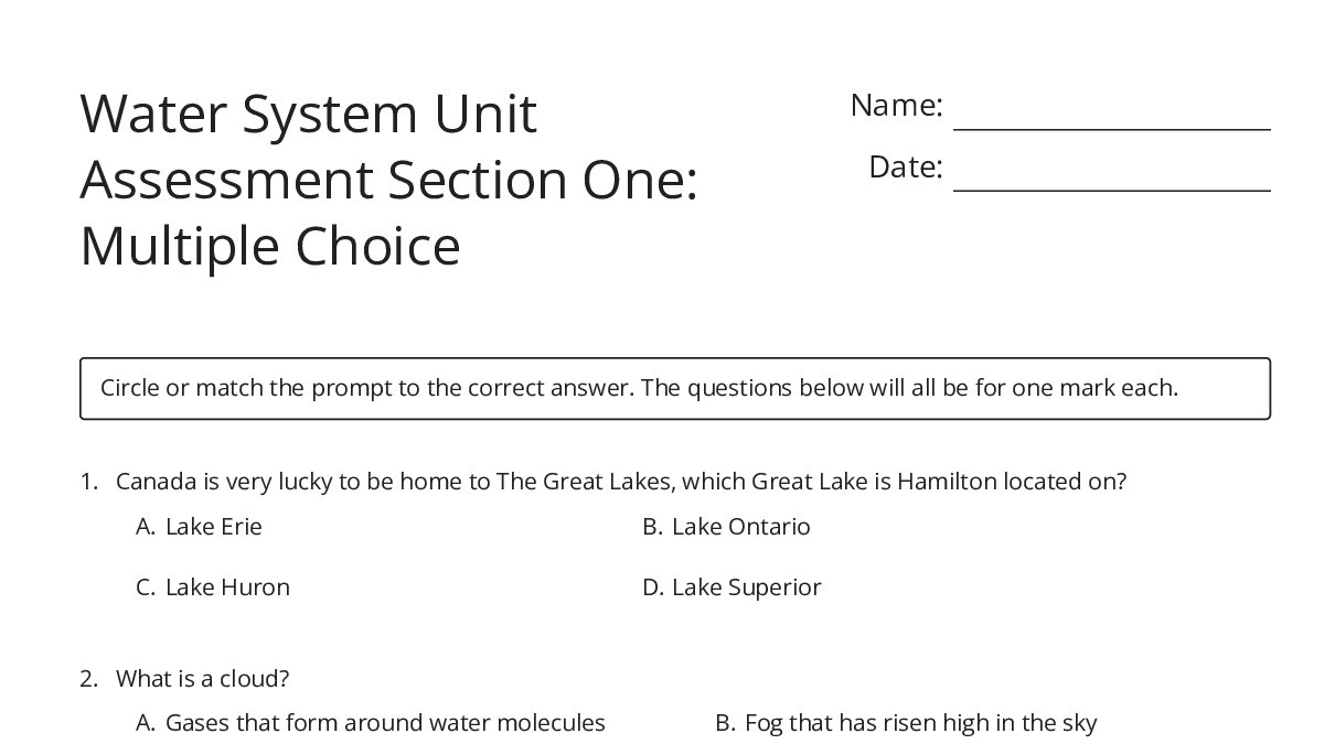Water System Unit Assessment Section One: Multiple Choice - My ...