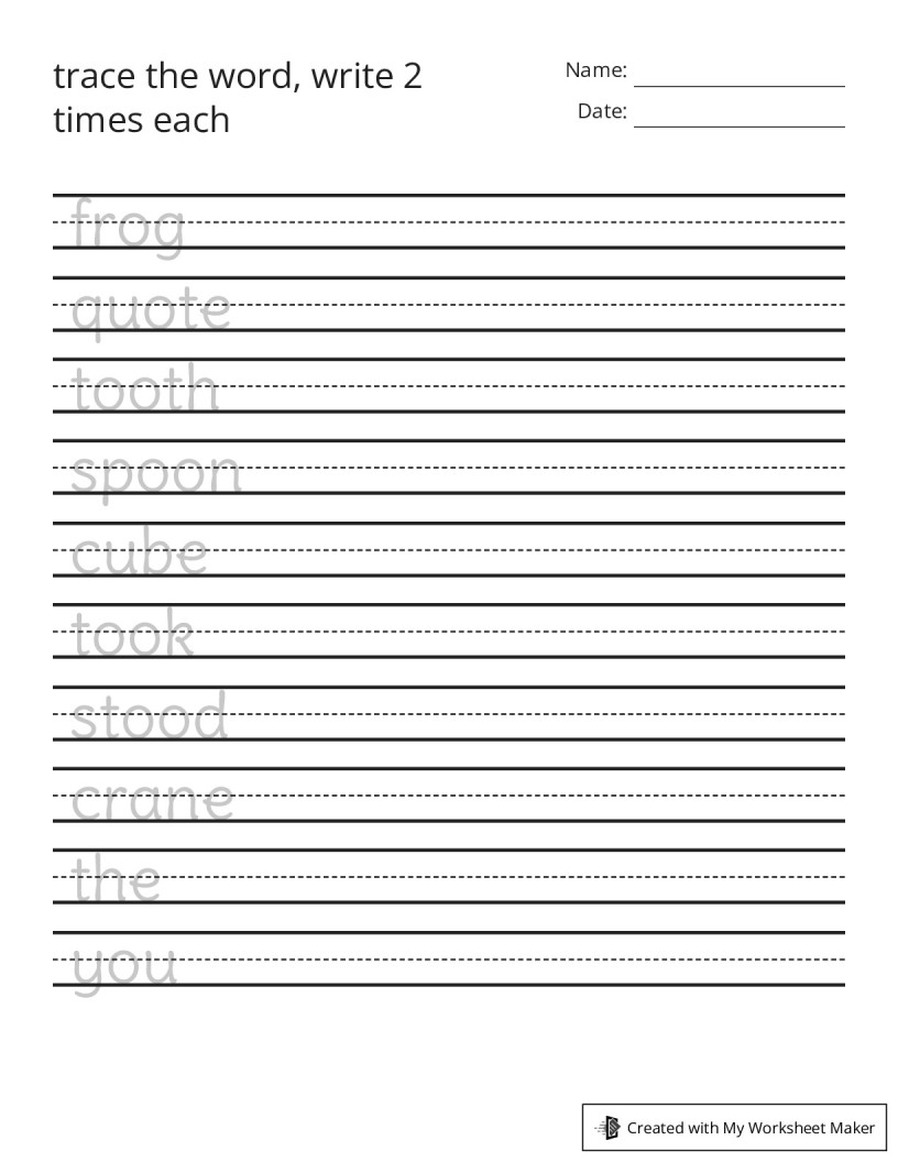 trace the word, write 2 times each - My Worksheet Maker: Create Your ...