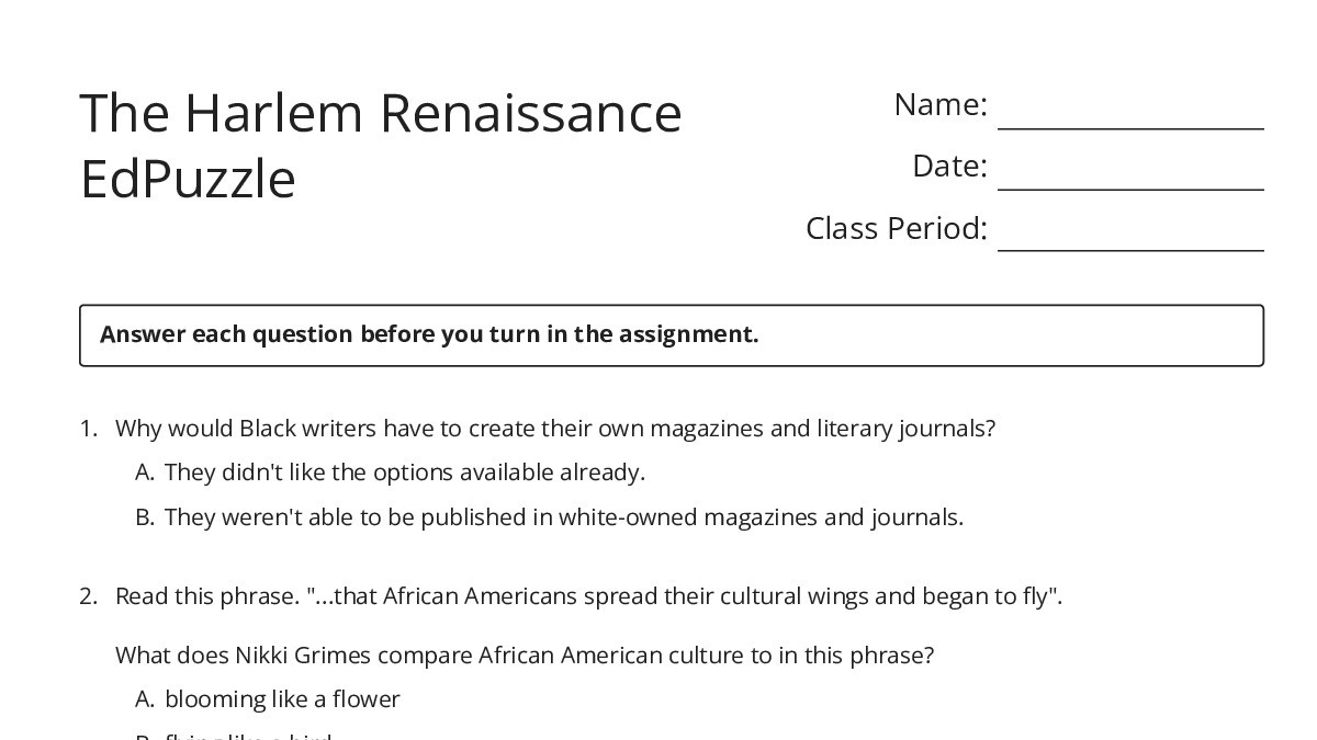 The Harlem Renaissance EdPuzzle - My Worksheet Maker: Create Your Own ...