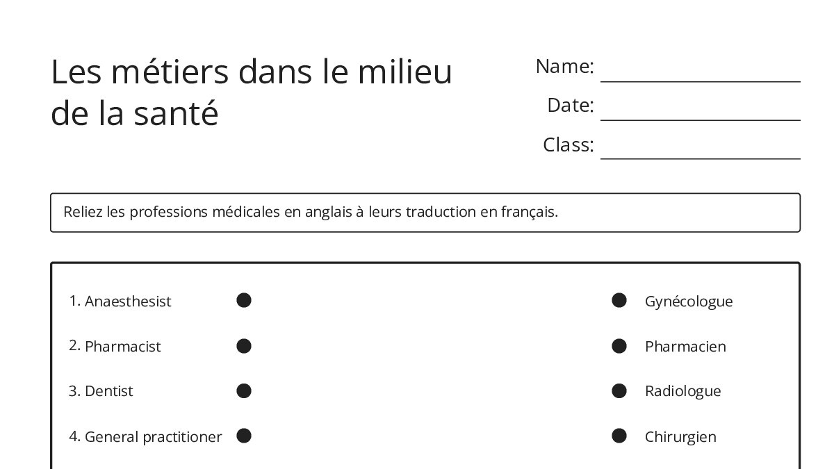 Les métiers dans le milieu de la santé - My Worksheet Maker: Create ...