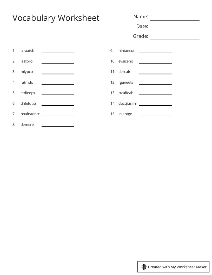 Vocabulary Worksheet - My Worksheet Maker: Create Your Own Worksheets