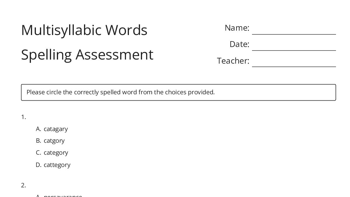 Multisyllabic Words Spelling Assessment - My Worksheet Maker: Create ...