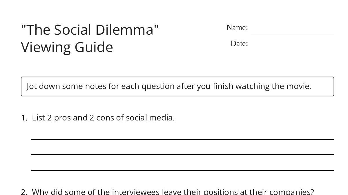 "The Social Dilemma" Viewing Guide - My Worksheet Maker: Create Your ...