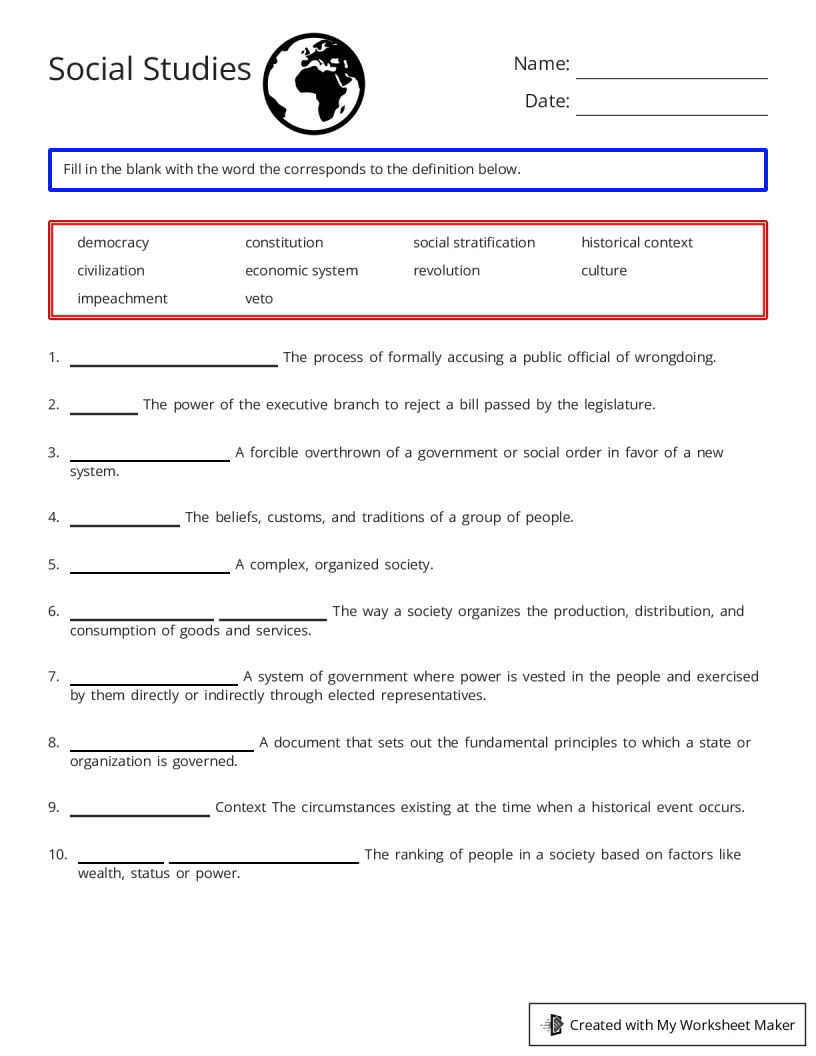 Social Studies - My Worksheet Maker: Create Your Own Worksheets