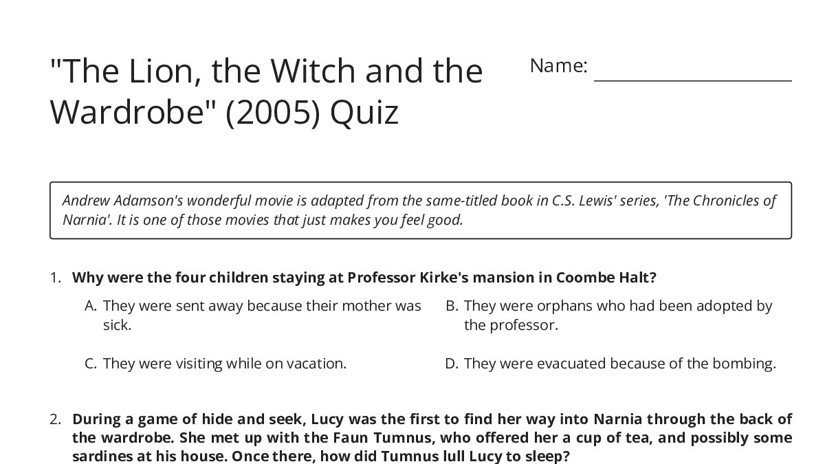 "The Lion, the Witch and the Wardrobe" (2005) Quiz - My Worksheet Maker ...